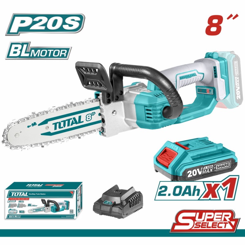 CORDLESS MINI CHAINSAW 20V, BRUSHLESS 20cm BAR, CHAIN 3/8" 2Ah Li-Ion ...